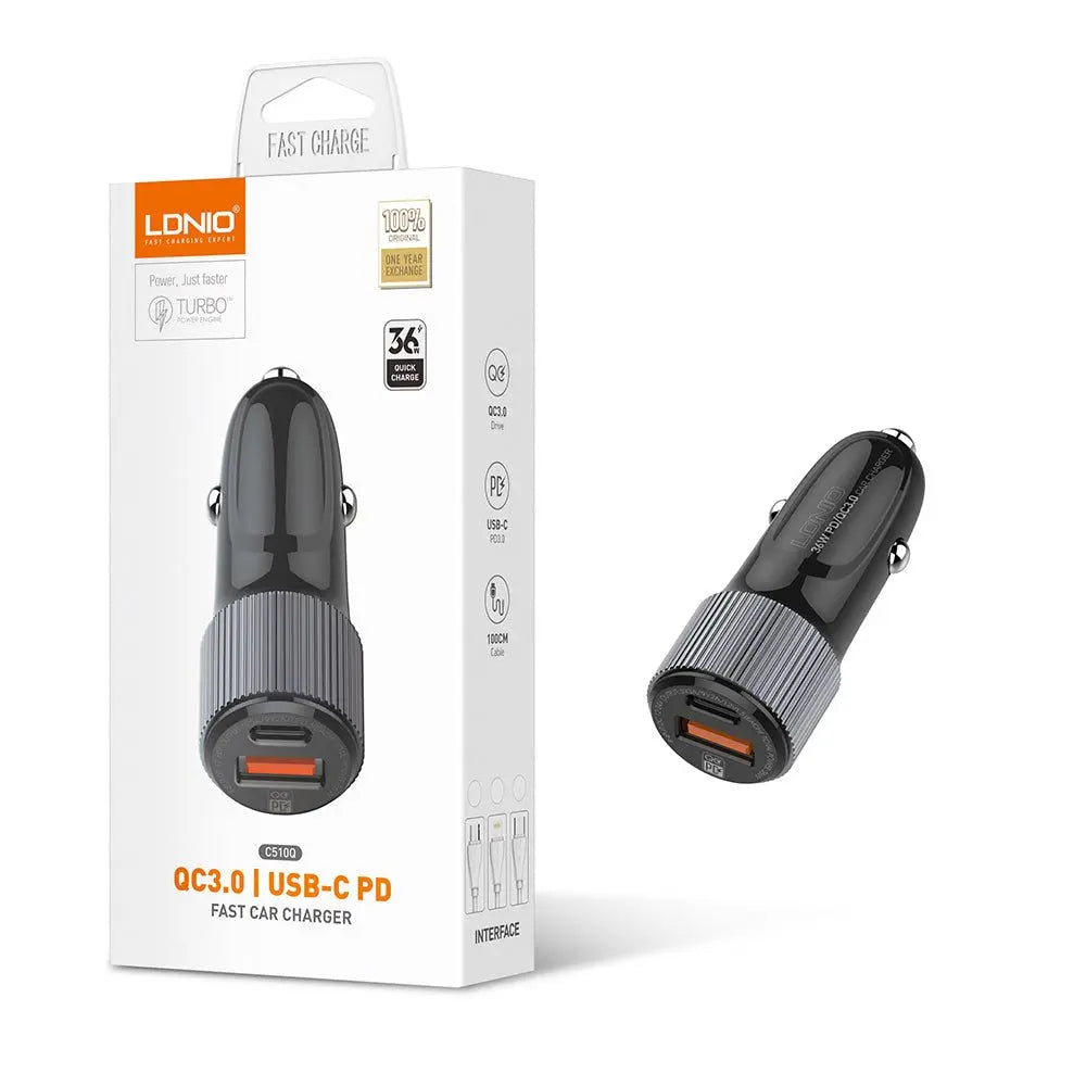 LDNIO FAST CAR CHARGER USB-C PD C510Q (Lightning cable) – KuwaitCavarat